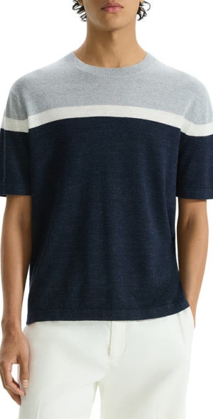 Theory - Colorblock Linen Blend T-Shirt in Baltic Multi
