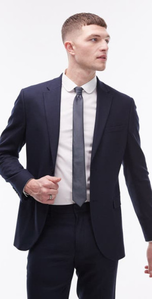 Topman - Skinny Fit Textured Suit Jacket in Dark Blue