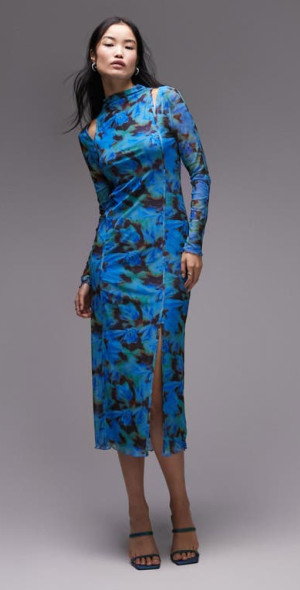 Topshop - Floral Cutout Long Sleeve Mesh Dress in Medium Blue at Nordstrom