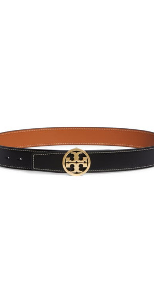 Tory Burch - Miller Reversible Logo Belt in Black /Malt Whiskey