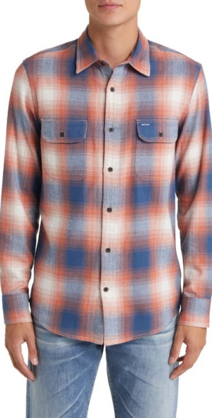 Treasure & Bond - Trim Fit Plaid Flannel Button-Up Shirt in Rust- Blue ...