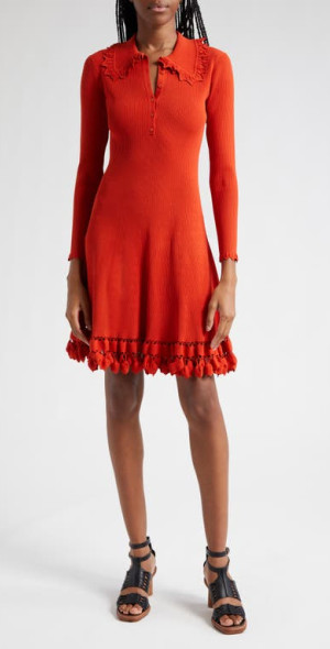 Ulla Johnson - Cybil Tulip Edge Long Sleeve Rib Knit Dress in Carnelian
