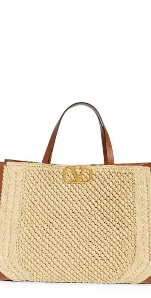 Valentino Garavani - VLOGO Woven Raffia & Leather Tote in 43S Naturale ...