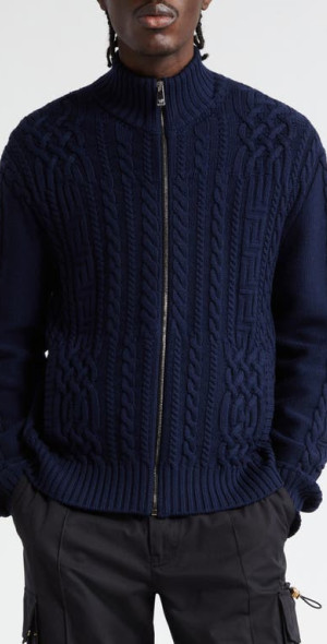 Versace - Medusa Cable Knit Zip Cardigan in Navy Blue