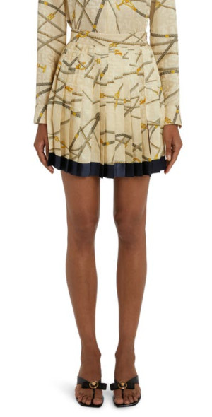 Versace - Rope Logo Print Pleated Satin Miniskirt in Sand/Gold