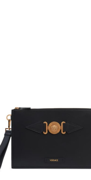 Versace - Small Medusa Calfskin Leather Zip Pouch in Black Gold