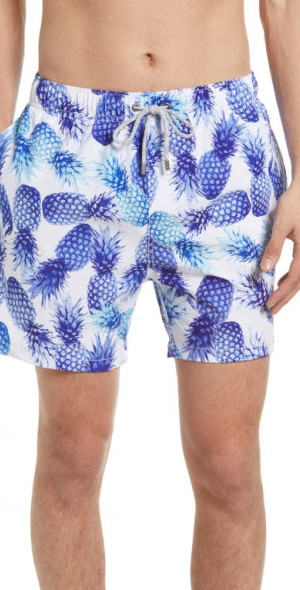 Vintage Summer - Pineapple Seersucker Swim Trunks in White