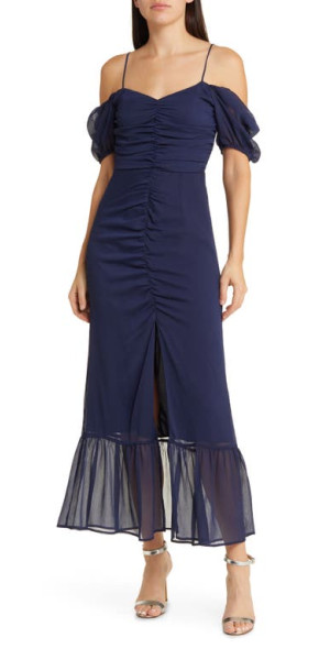 WAYF - The Nyla Floral Cold Shoulder Midi Dress in Navy