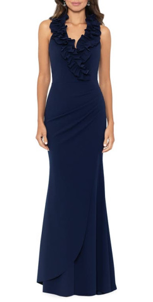 Xscape Evenings - Ruffle Neck Scuba Crepe Mermaid Gown in Navy