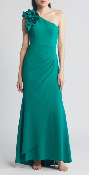 Xscape Evenings - Ruffle One-Shoulder Scuba Crepe Gown in Green
