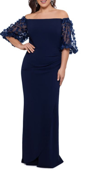 Xscape - 3-D Floral Sleeve Off the Shoulder Gown in Navy at Nordstrom