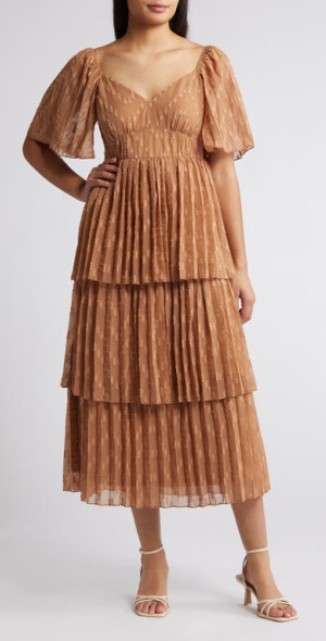 ZOE AND CLAIRE - Pleated Tiered Midi Dress in Tan