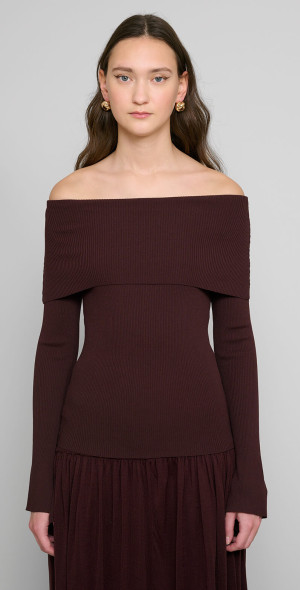 Pixie Market - Chocolate Off The Shoulder Knit Top