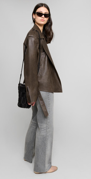 Pixie Market - Drop-Waist Belted Leather Jacket