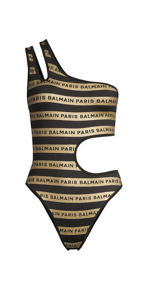 Balmain - Women's Asymmetric Logo Stripe One-Piece Swimsuit