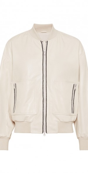 Brunello Cucinelli - Women's Nappa Leather Bomber Jacket With Shiny Trims