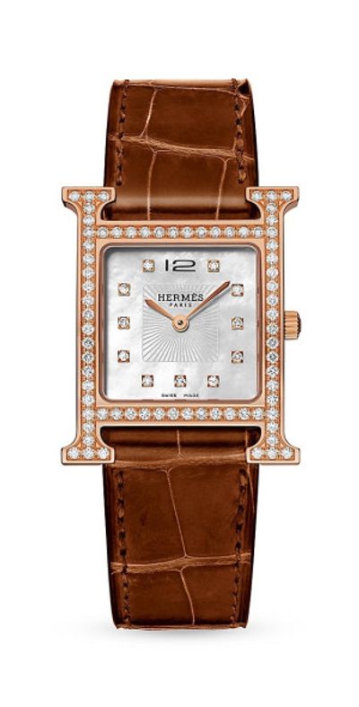 HERMÈS - Heure H Diamond 30 MM 18K Rose Gold & Alligator Strap Watch