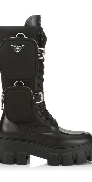 Prada - Women's Monolith Leather & Nylon Tall Combat Boots
