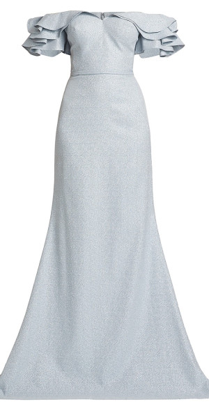 Teri Jon by Rickie Freeman - Women's Jacquard Cascade Ruffle-Sleeve Gown