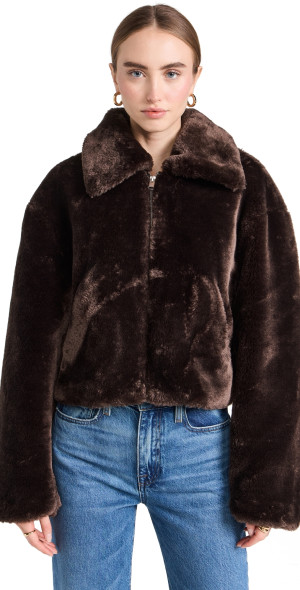 FRAME - Faux Fur Zip Up Jacket Espresso S