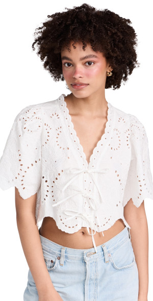 Moon River - Puff Sleeve Eyelet Top With Front Ties Ivory M