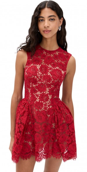 Self Portrait - Red Fine Lace Pearl Mini Dress Red 4