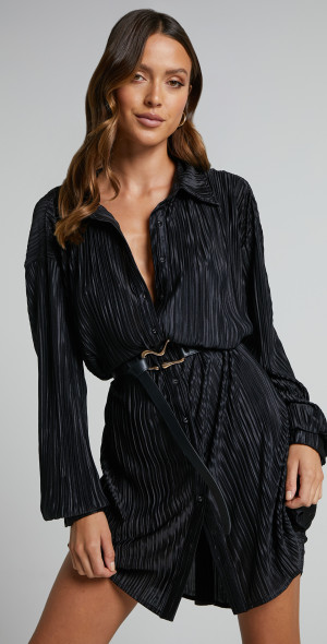 Showpo - Beca Mini Dress - Crinkle Button Up Shirt Dress in Black