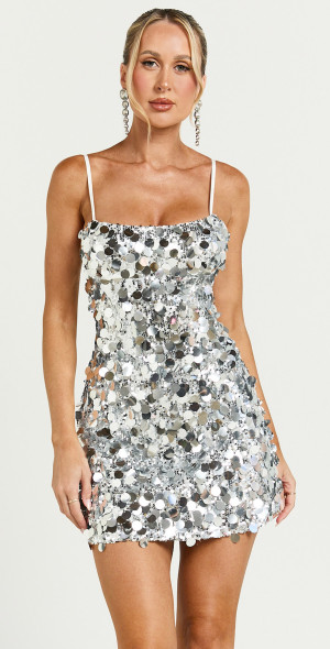 Showpo - Cleo Mini Dress - Circle Sequin Mini Dress in Silver