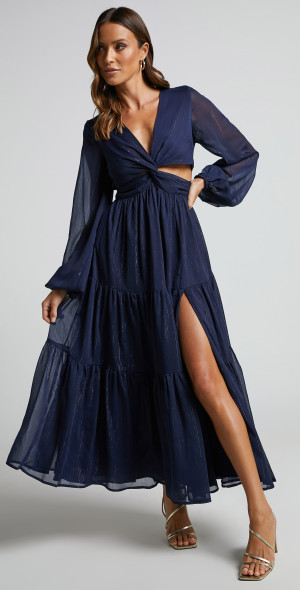Showpo - Edelyn Midi Dress - Cut Out Balloon Sleeve Tiered Dress in Navy