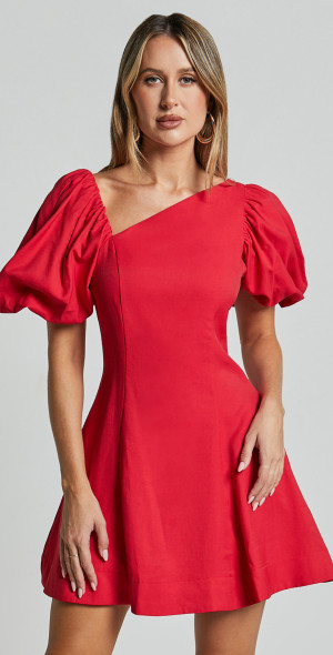 Showpo - Harlow Mini Dress - Asymmetric Puff Sleeve Flare Dress in Red