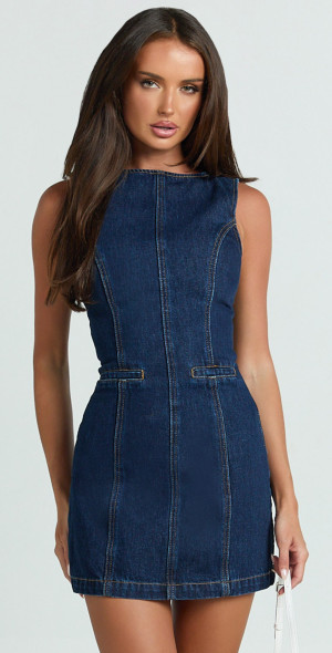 Showpo - Olenna Mini Dress - High Neck Fitted Denim Dress in Indigo Wash