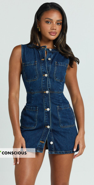 Showpo - Stephanie Mini Dress - Scoop Neck Pocket Detail Recycled Denim ...