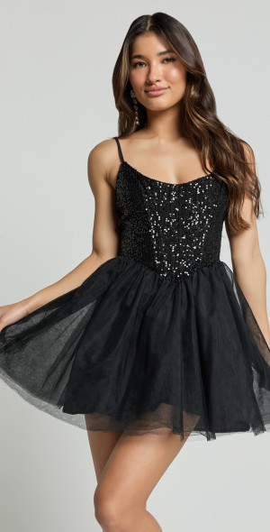 Showpo - Violette Mini Dress - Sequin Corset Tulle Skirt Dress in Black