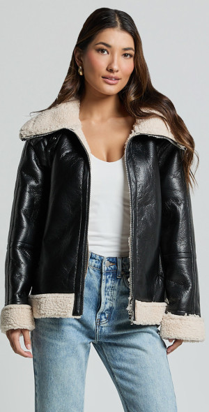 Showpo - Willa Jacket - Faux Leather Shearling Aviator Jacket in Black