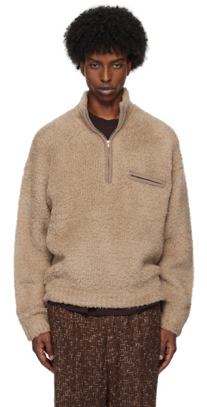 AURALEE - Beige Merino Wool Boa Knit Half Zip Sweater