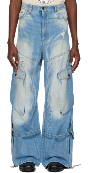 EGONlab - SSENSE Exclusive Blue Paint Splatter Denim Cargo Pants