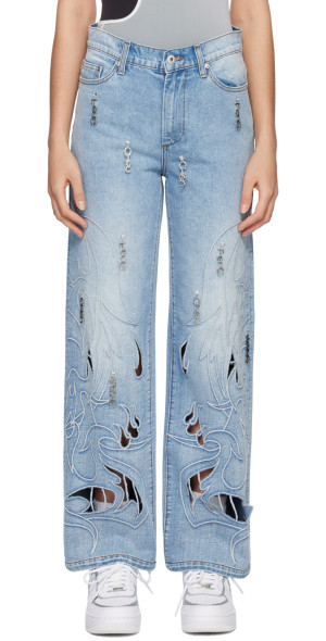 Feng Chen Wang - Blue Phoenix Cutout Jeans