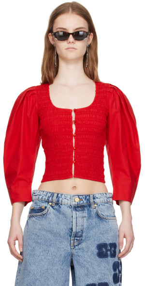 GANNI - Red Smocked Blouse