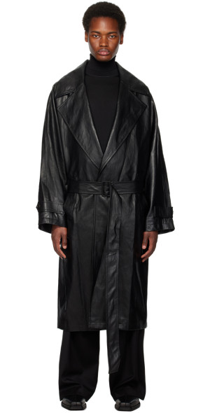 System - Black Oversized Faux-Leather Coat