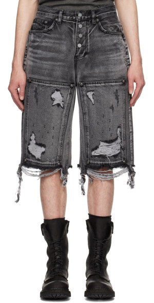 Thug Club - Black Double Knee Damage Denim Shorts