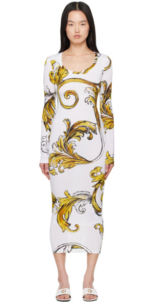 Versace Jeans Couture - White & Yellow Outline Barocco Midi Dress