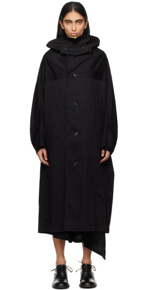Y's - Black Cotton Twill Long Cape Coat