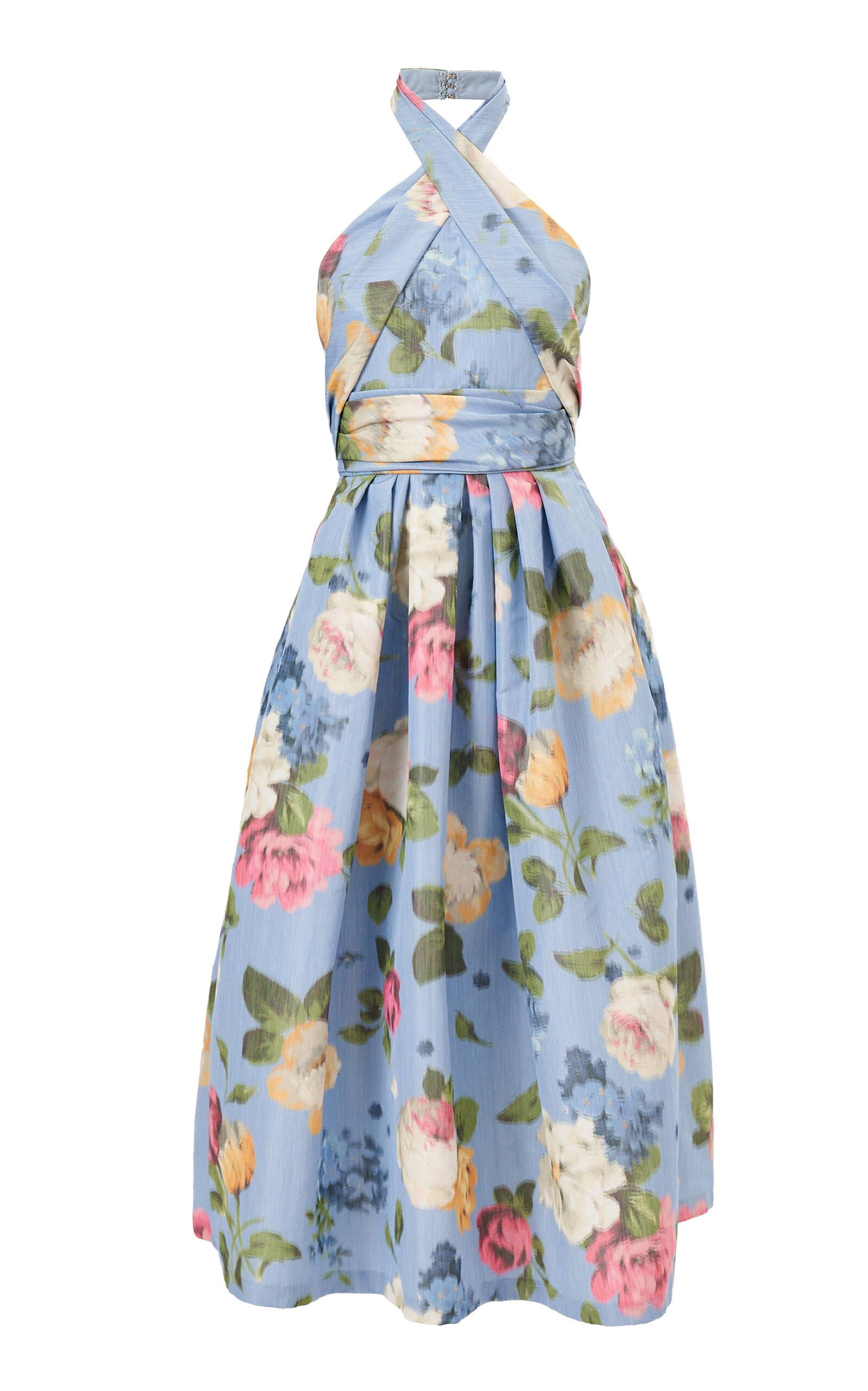 Carolina Herrera - Crossed Halter Garden Floral Chine Midi Dress Light Blue