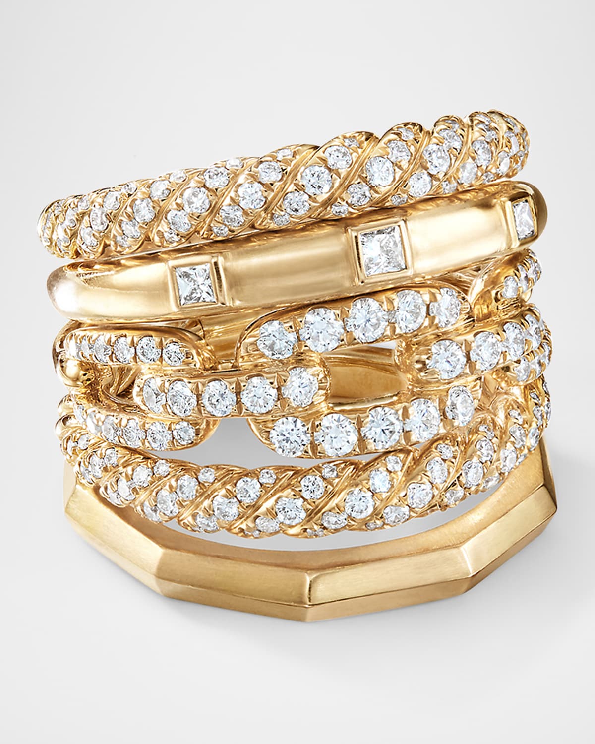 David Yurman - Stax Five Row Ring in 18K Yellow Gold with Diamonds, 21mm