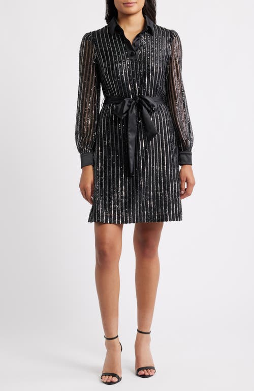 Eliza J - Sequin Stripe Long Sleeve Belted Shirtdress