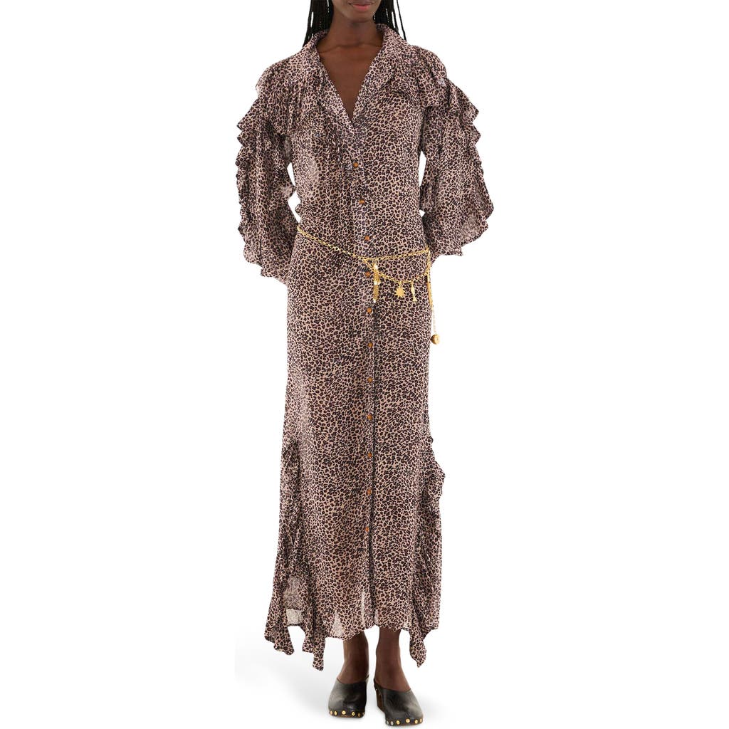 FARM Rio - Baby Leopard Ruffle Long Sleeve Maxi Shirtdress