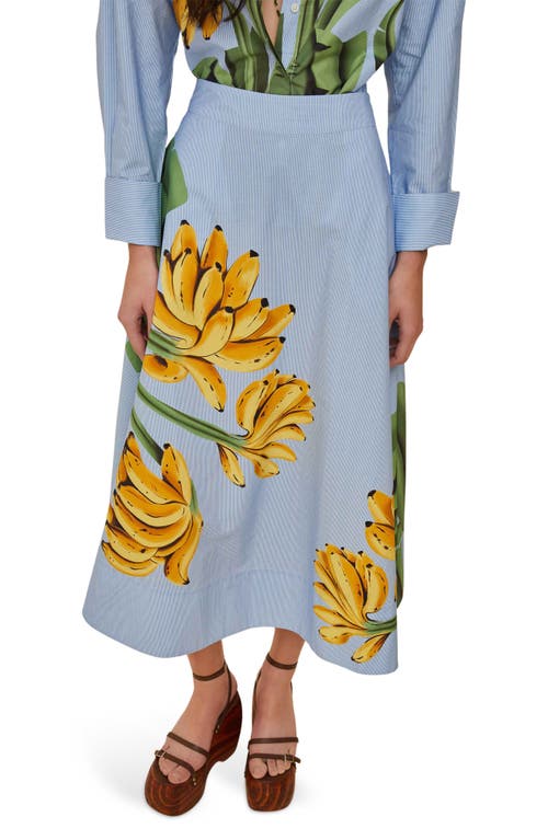 FARM Rio - Blue Banana Cocina Stripe Cotton Midi Skirt
