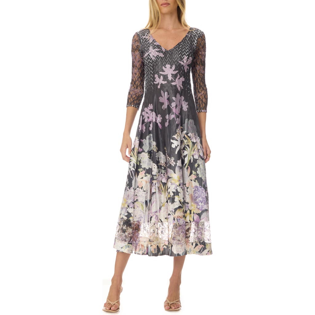 Komarov - Floral Border Charmuese Dress with Lace Sleeves