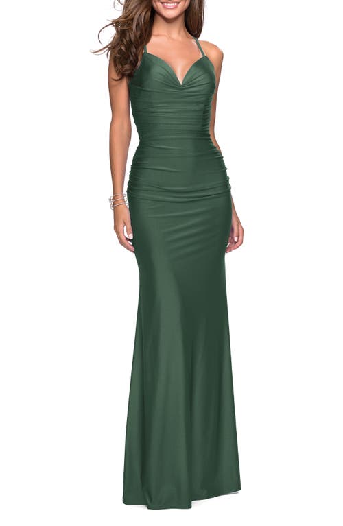La Femme - Form Fitting Jersey Dress with Ruching and Strappy Back