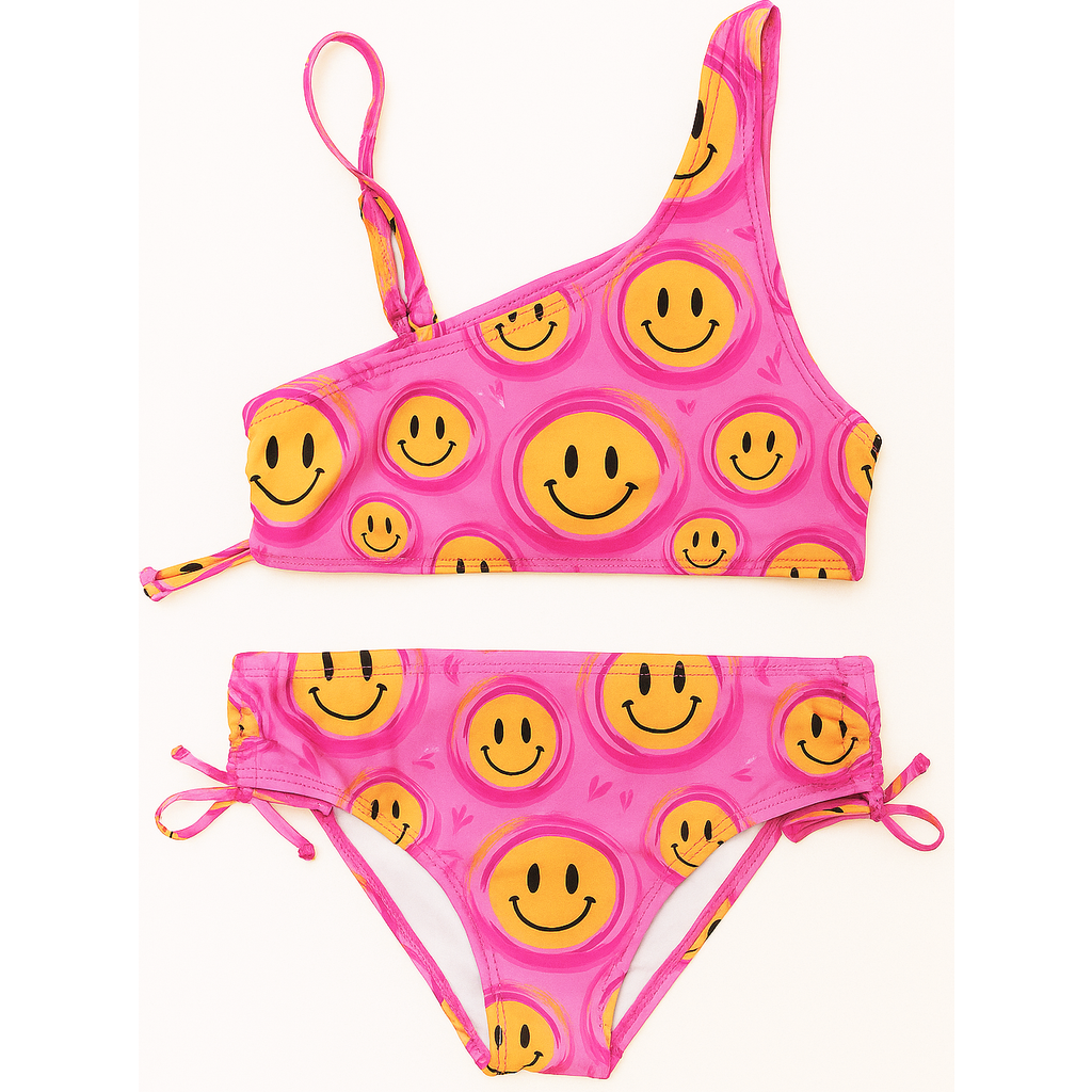 Limeapple - Smiley Face Printed One Shoulder Bikini Swimsuit